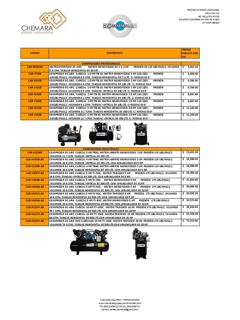 Lista de Precios Compresores de Piston Carroll Chemara Ene 2020 | PDF ...