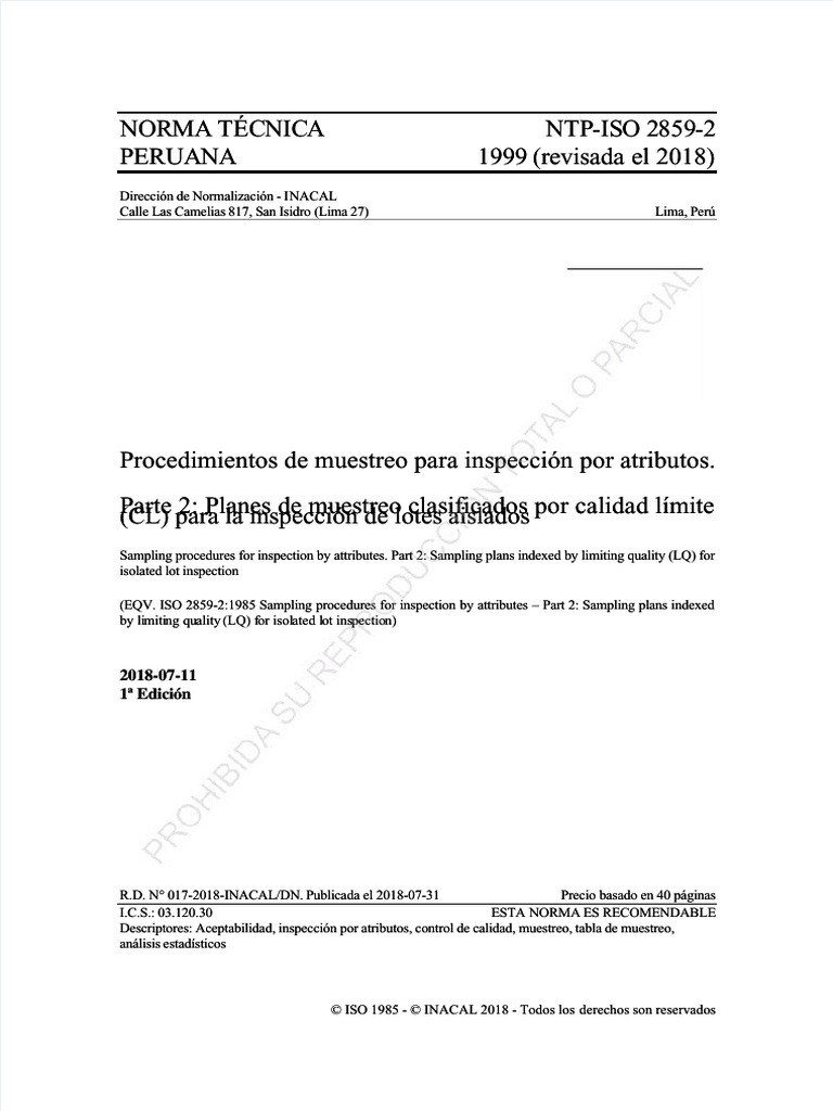 NTP Iso 2859 2 | PDF