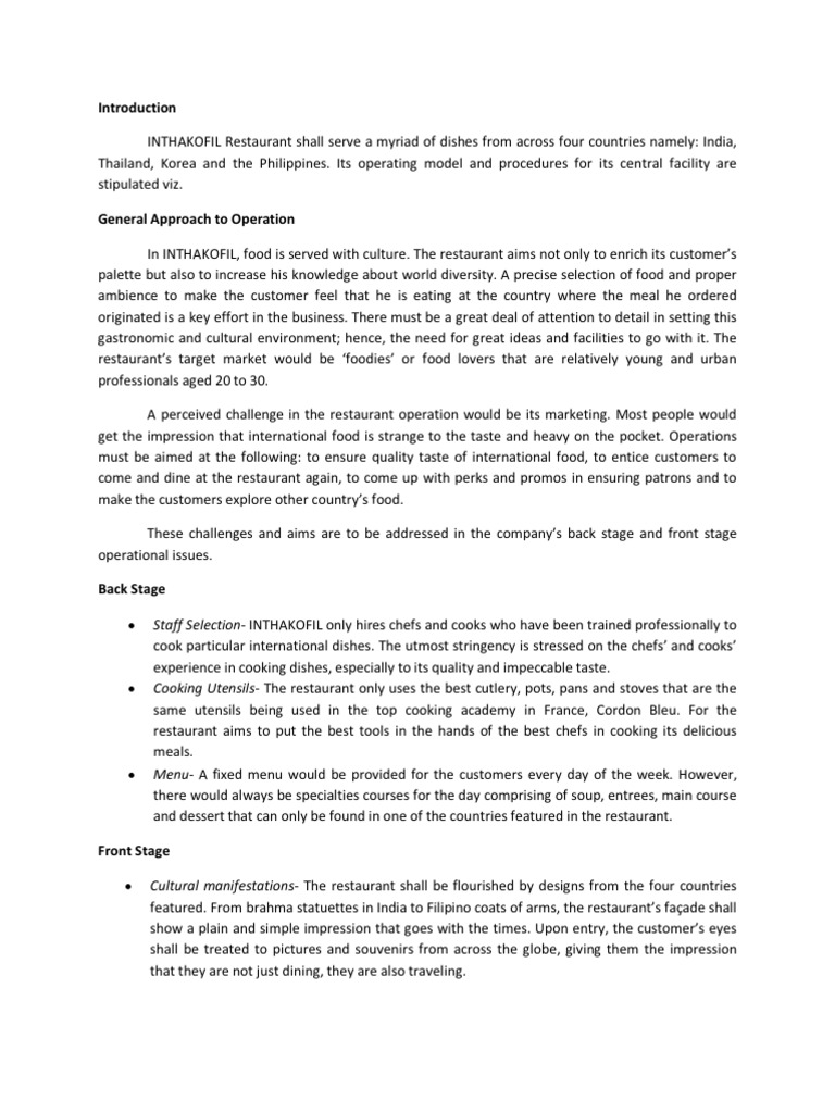 Restaurant Operational Plan Sample | PDF | Restaurants | Menu