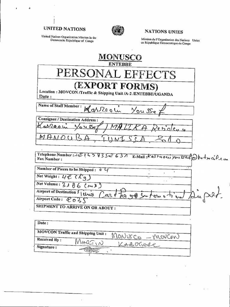 Personal Effects EXPORT FORM KASRAOUI Youssef ID CO-00225 | PDF