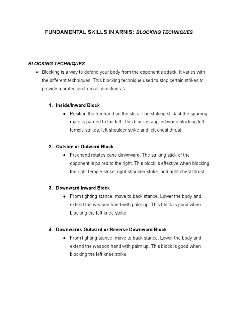 Fundamental Skills in Arnis - Blocking Techniques | PDF