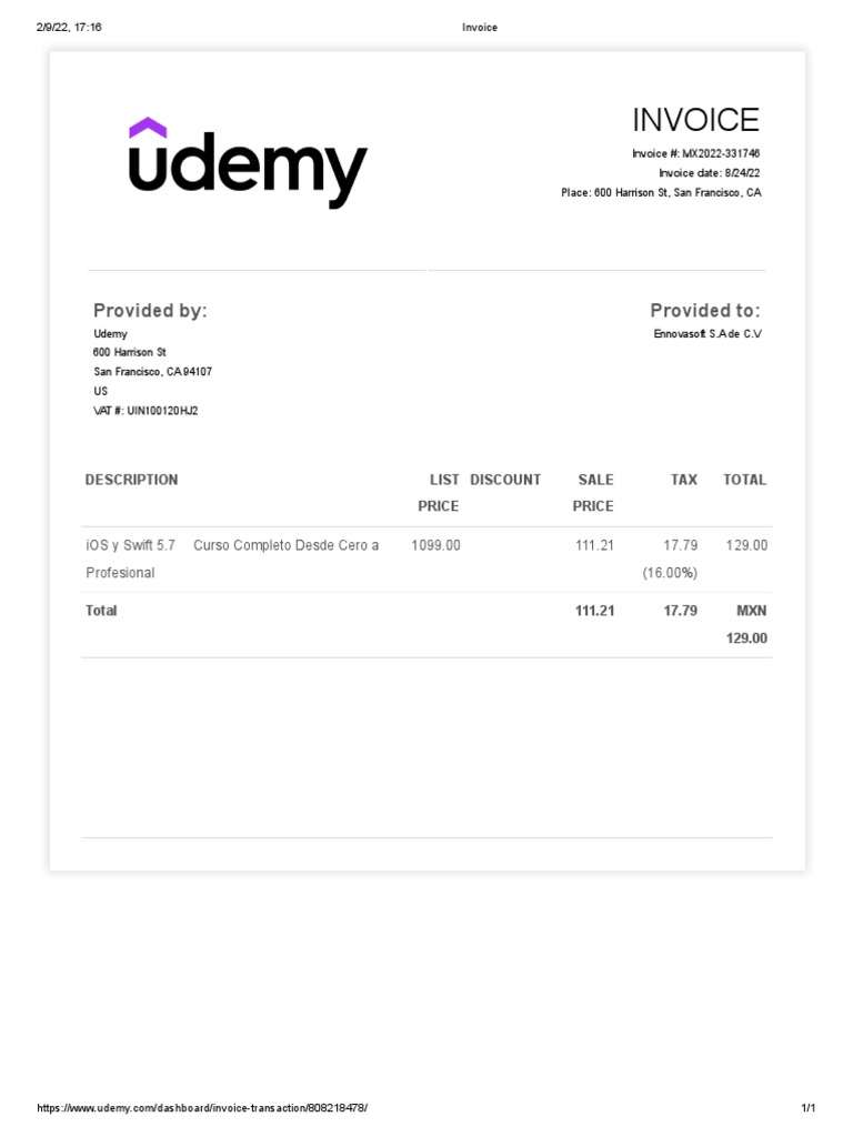 Udemy Invoice for Ennovasoft | PDF