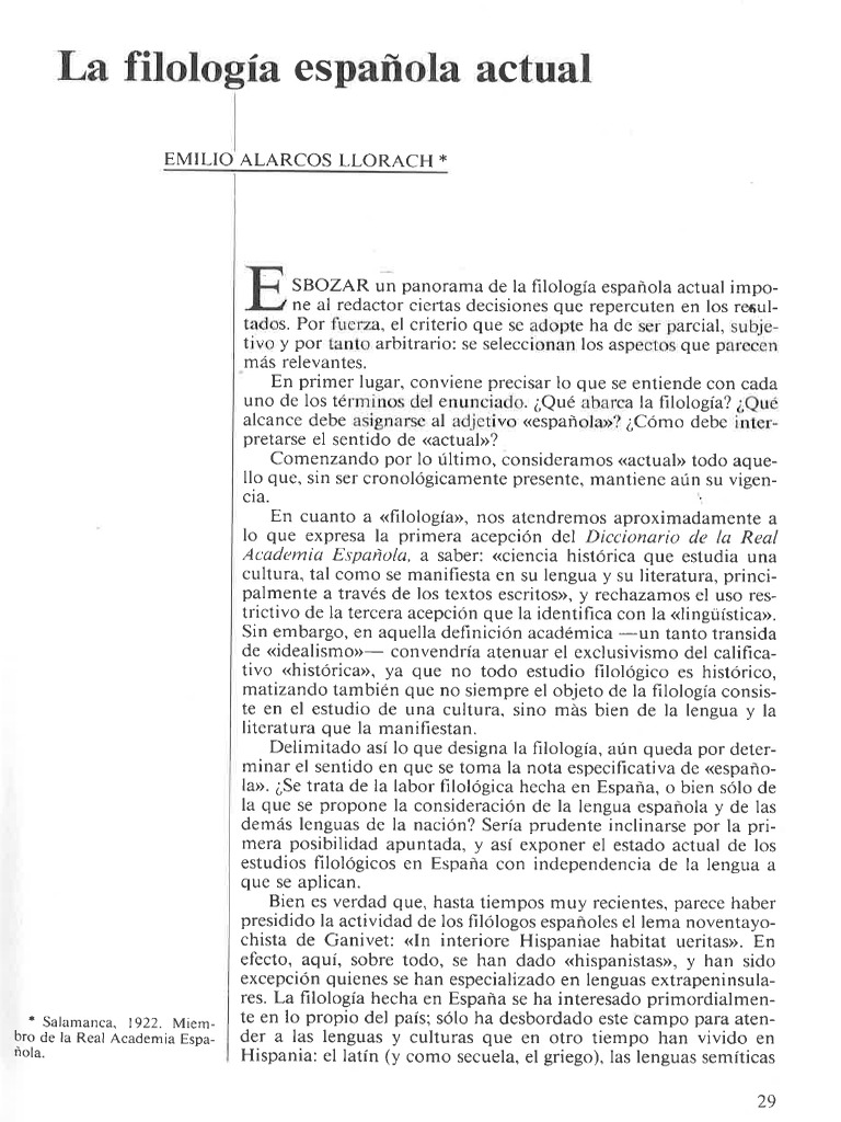 ALARCOS LLORACH, Emilio - La Filología Española Actual | PDF