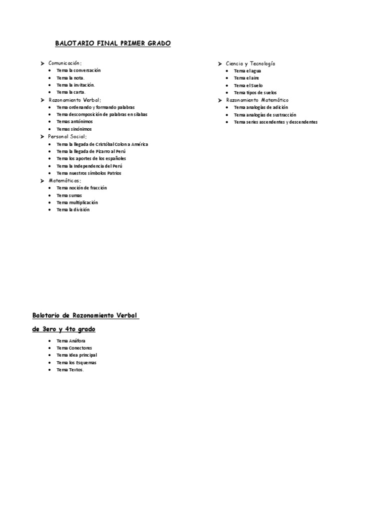 Balotario Final Primer Grado 2023 | PDF