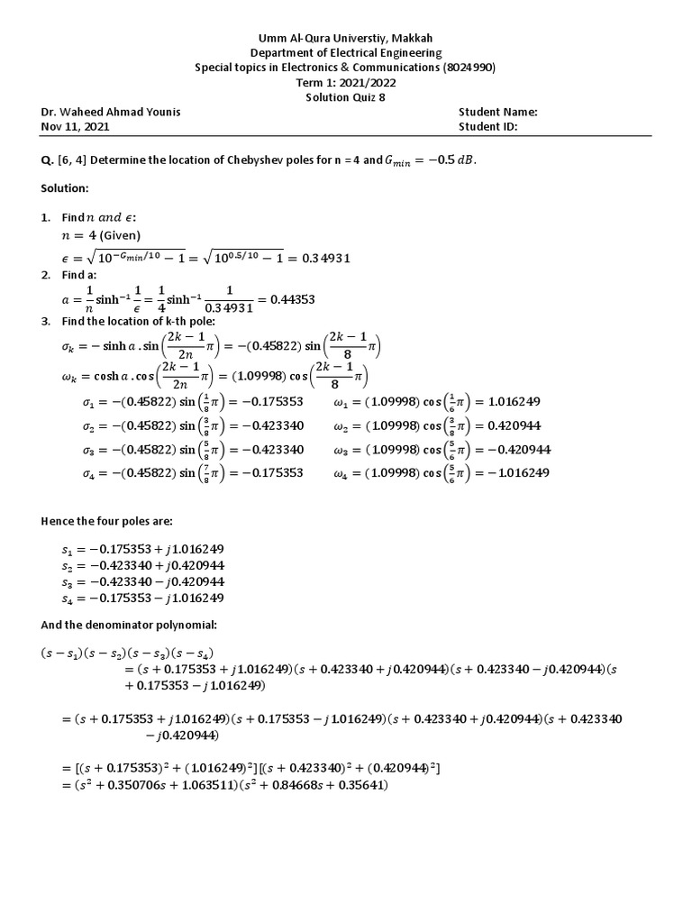 Chebyshev Pole Locations for n=4 | PDF