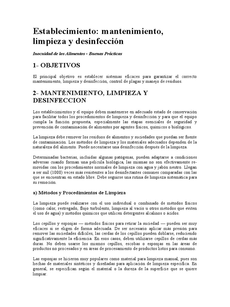 Mantenimiento - Limpieza y Desinfección | PDF | Agua | Detergente