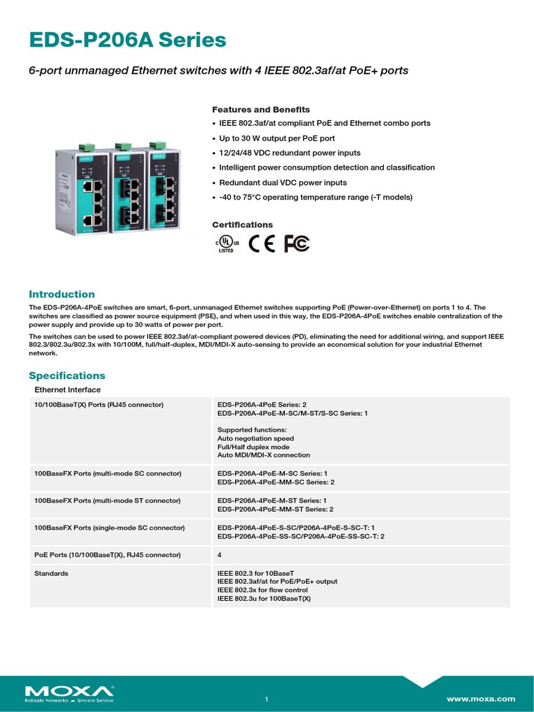 Moxa Eds P206a Series Datasheet v1.0 | PDF | Network Switch | Optical Fiber