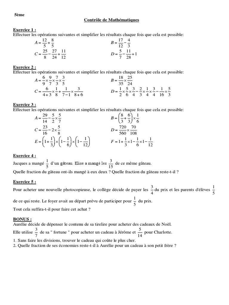 Contrôle de Maths pour Collégiens | PDF