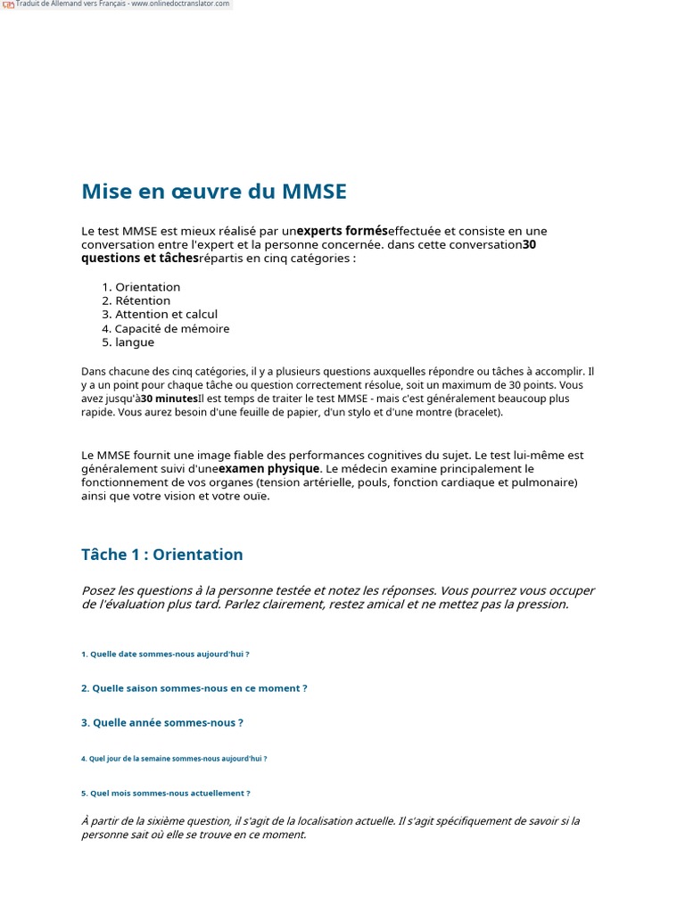 Guide du Test MMSE et Évaluation Cognitives | PDF | Démence