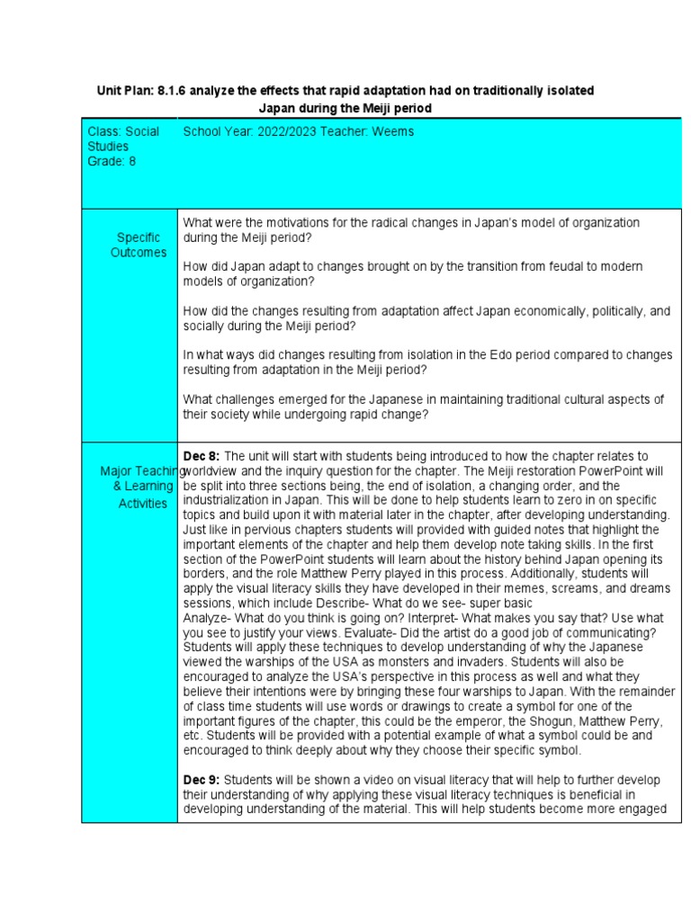 Meiji Restoration Lesson Plan Overview | PDF | Vocabulary | Literacy