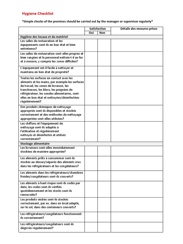Hygiene Checklist Patisserie | PDF
