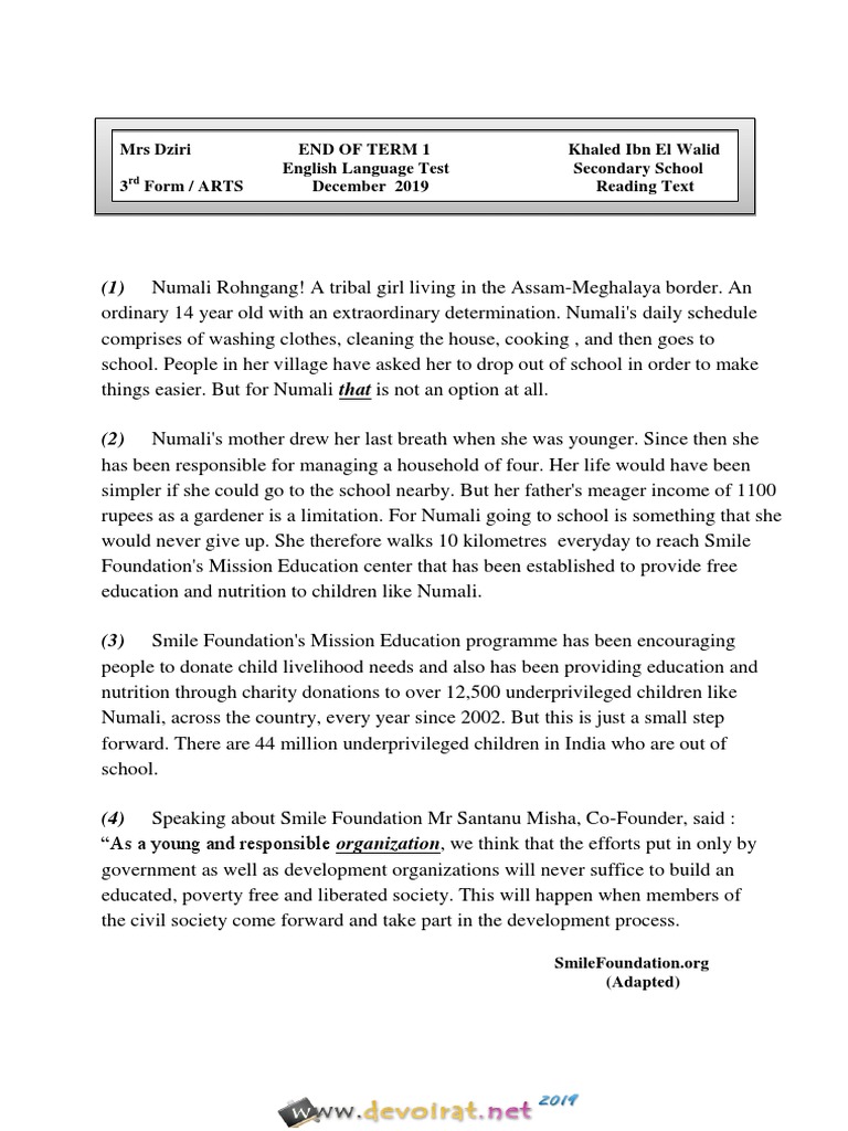 Devoir de Synthèse N°1 - Anglais - 3ème Lettres (2019-2020) Mme Besma Riabi Dziri | PDF ...