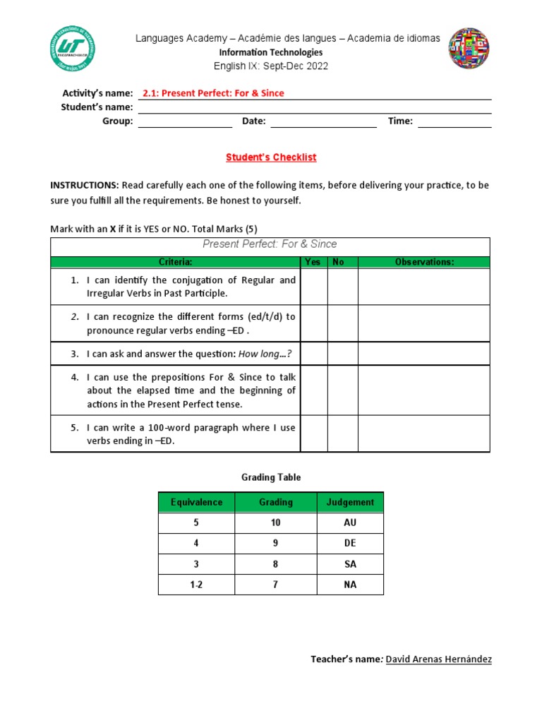 English IV - Practice 2.1 - Student's Checklist | PDF