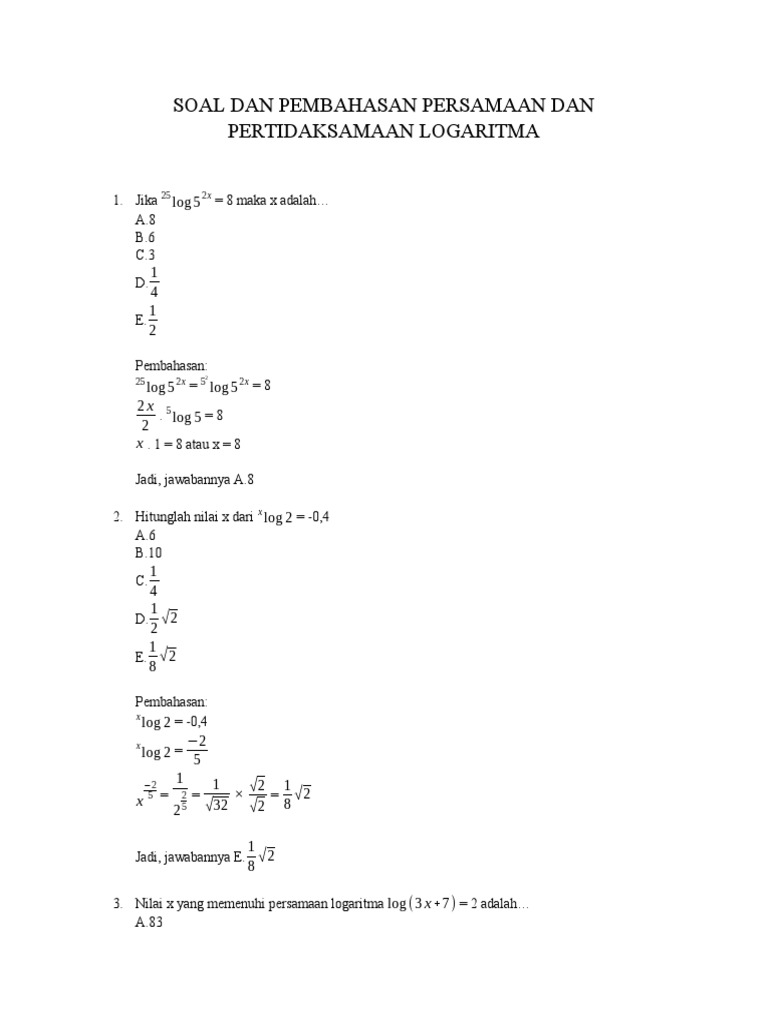 Soal Dan Pembahasan Persamaan Dan Pertidaksamaan Logaritma | PDF | Sains & Matematika