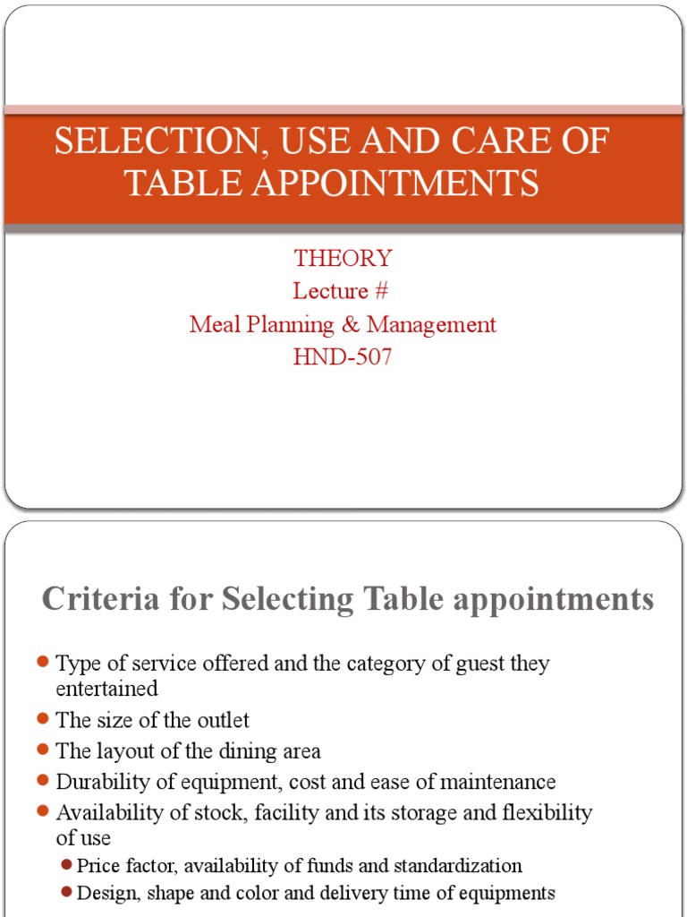 Selections, Use and Care of Tabel Appointments | PDF | Tableware | Home