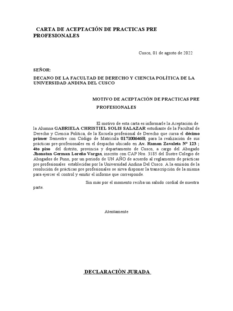 Carta de Aceptación de Practicas Pre Profesionales Gabriela | PDF
