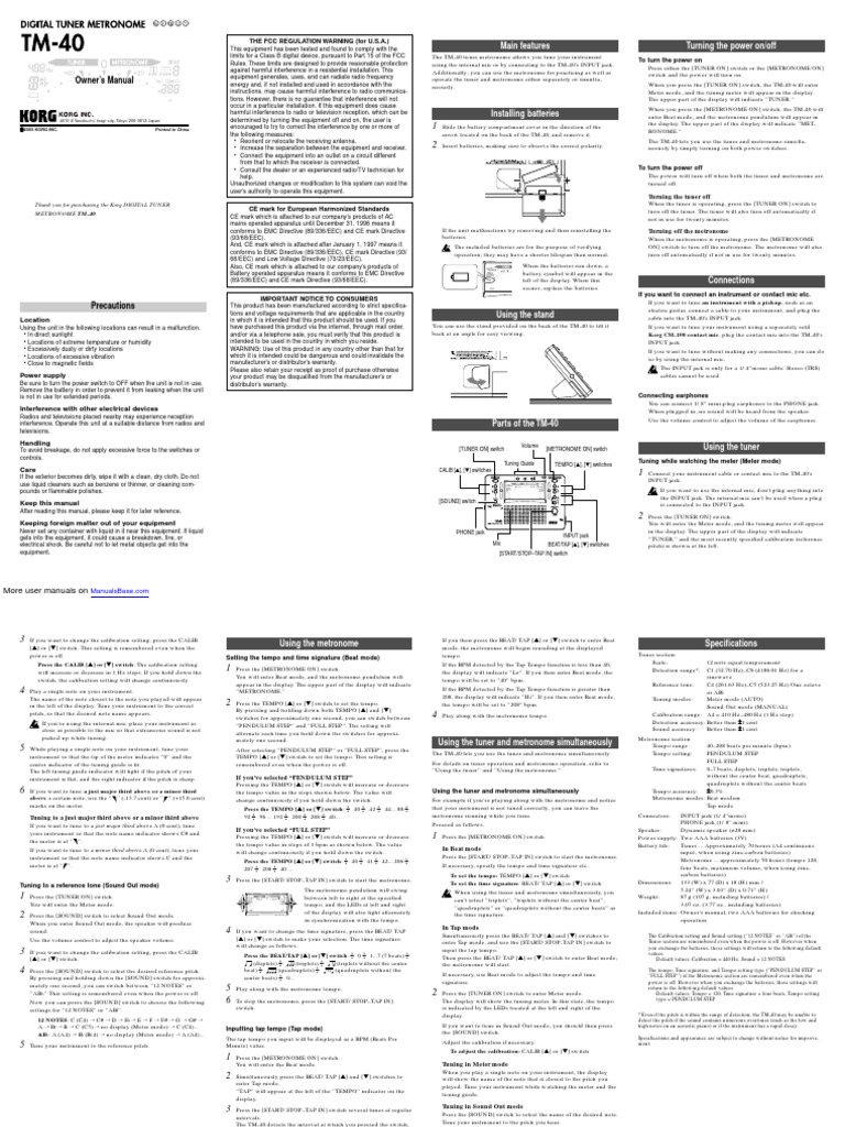 Korg TM-40 Tuner Metronome Manual | PDF | Tempo | Electricity