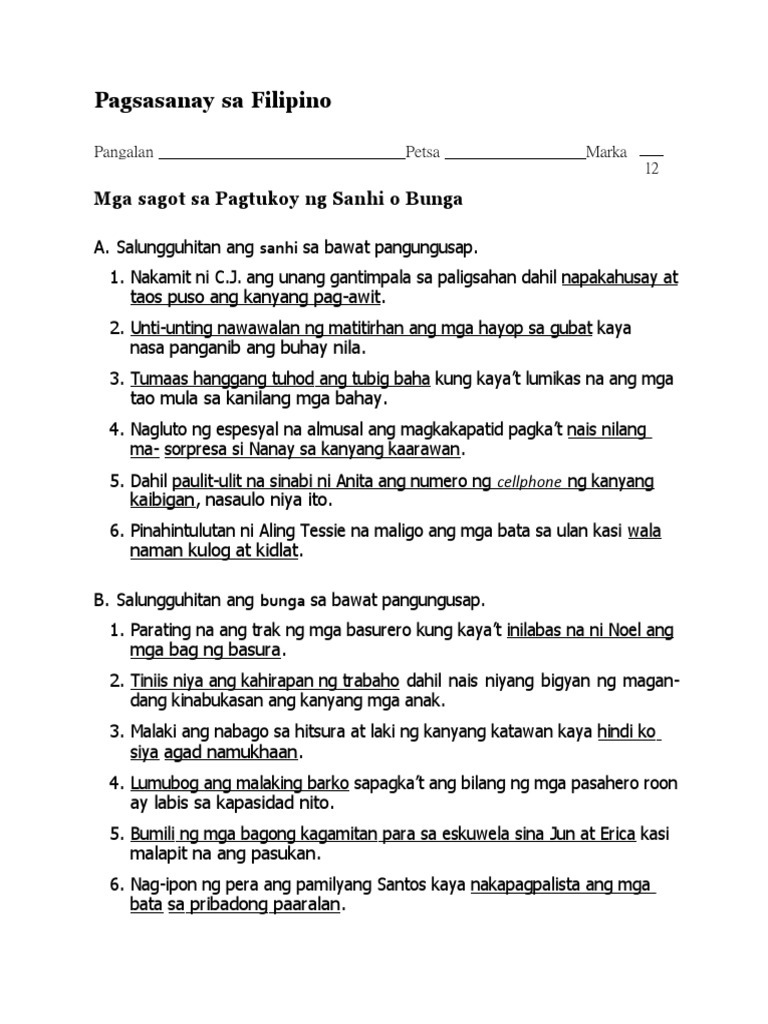 Mga Sagot Sa Pagtukoy NG Sanhi o Bunga - 3 1 | PDF