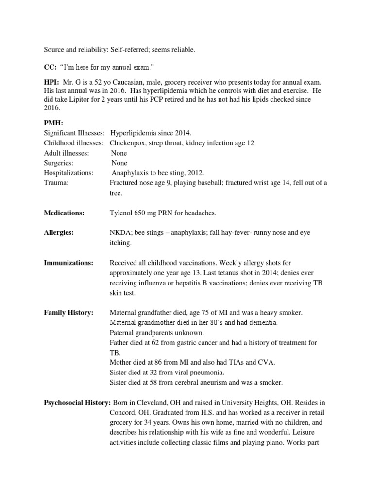 Comprehensive H and P Example | PDF | Abdomen | Allergy