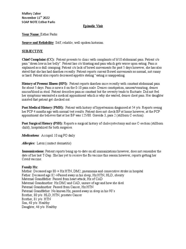 Esther Park - SOAP NOTE - Abdominal Pain | PDF | Constipation ...