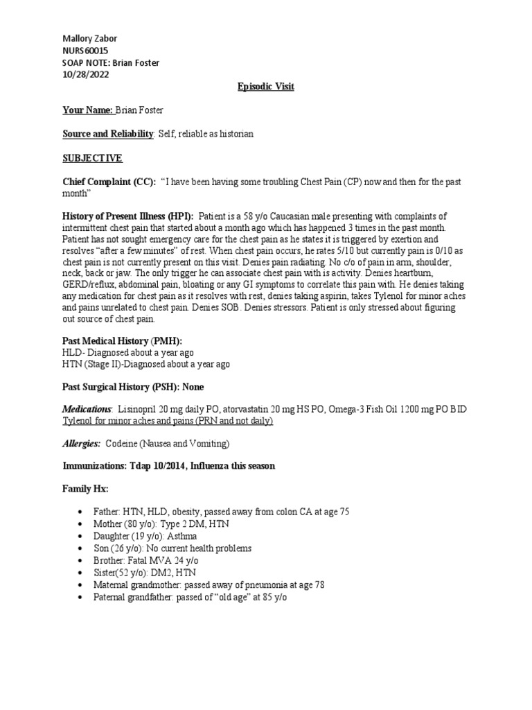 SOAP NOTE - Brian - Foster - Chest Pain | PDF | Healthy Diet | Heart