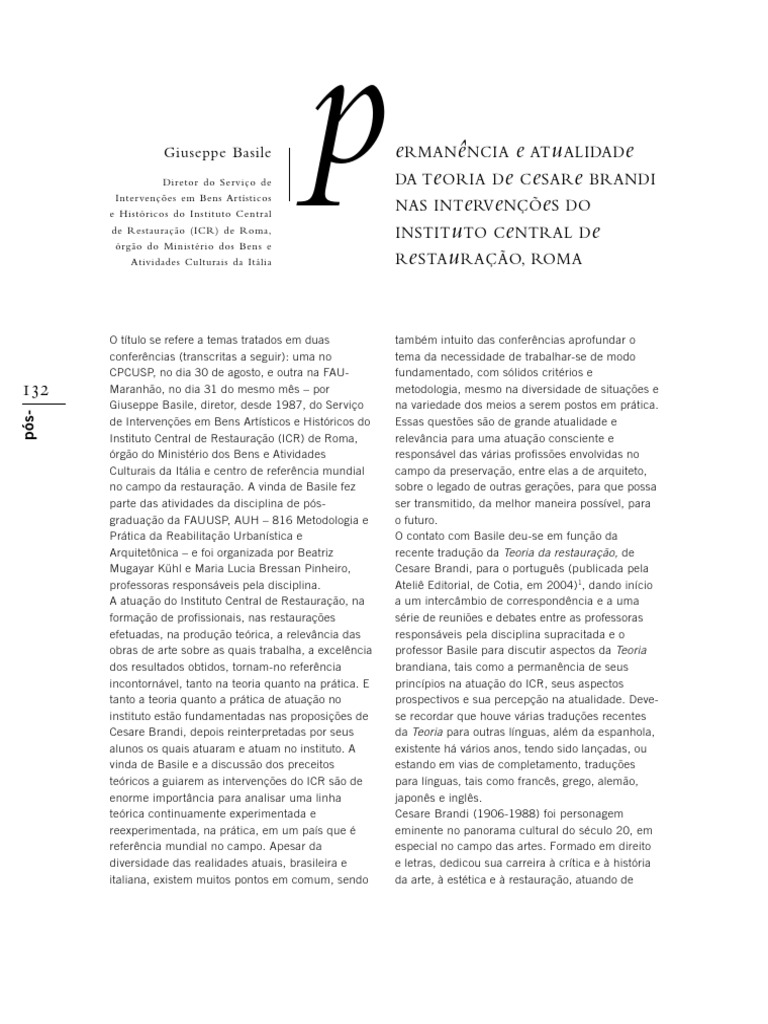 Teoria de Restauração de Cesare Brandi | PDF | Crítica | Teoria