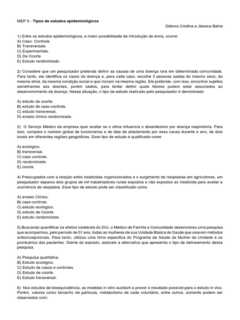 Tipos de Estudos Epidemiológicos: Uma Introdução aos Desenhos ...