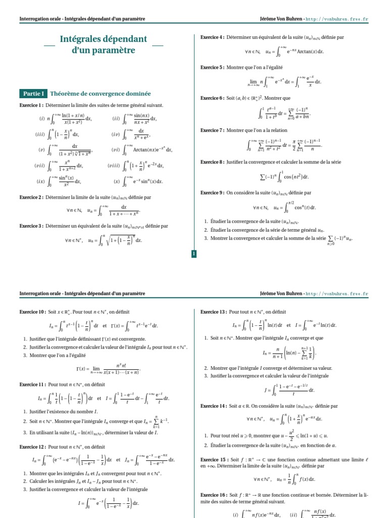 Intégrales à Paramètre : Exercices et Limites | PDF | Limite ...