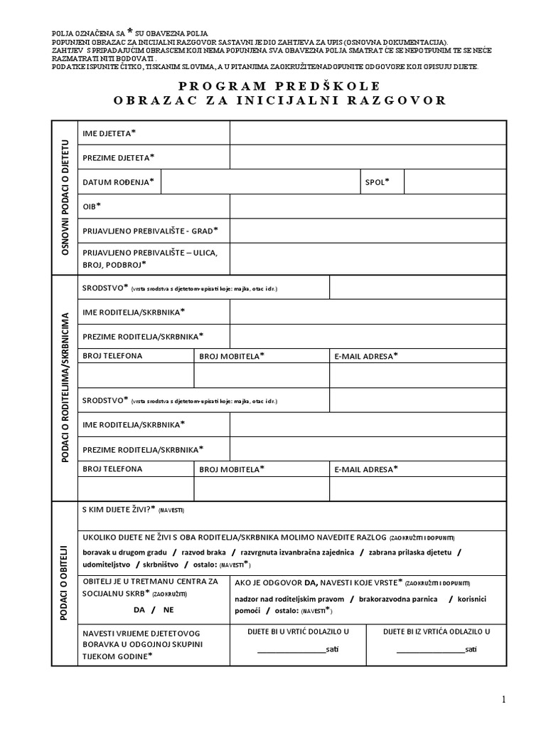 2022-2023 Obrazac Za Inicijalni Razgovor - Program Predškole | PDF