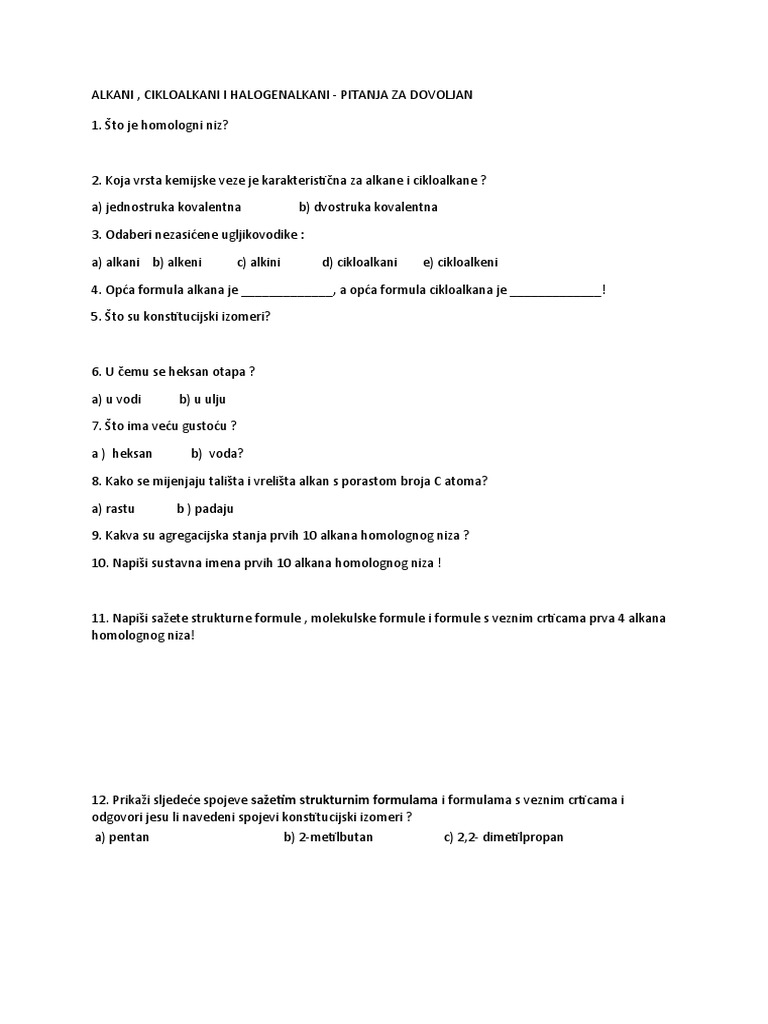 Pitanja Za 2 - Alkani, Cikloalkani I Halogenalkani | PDF