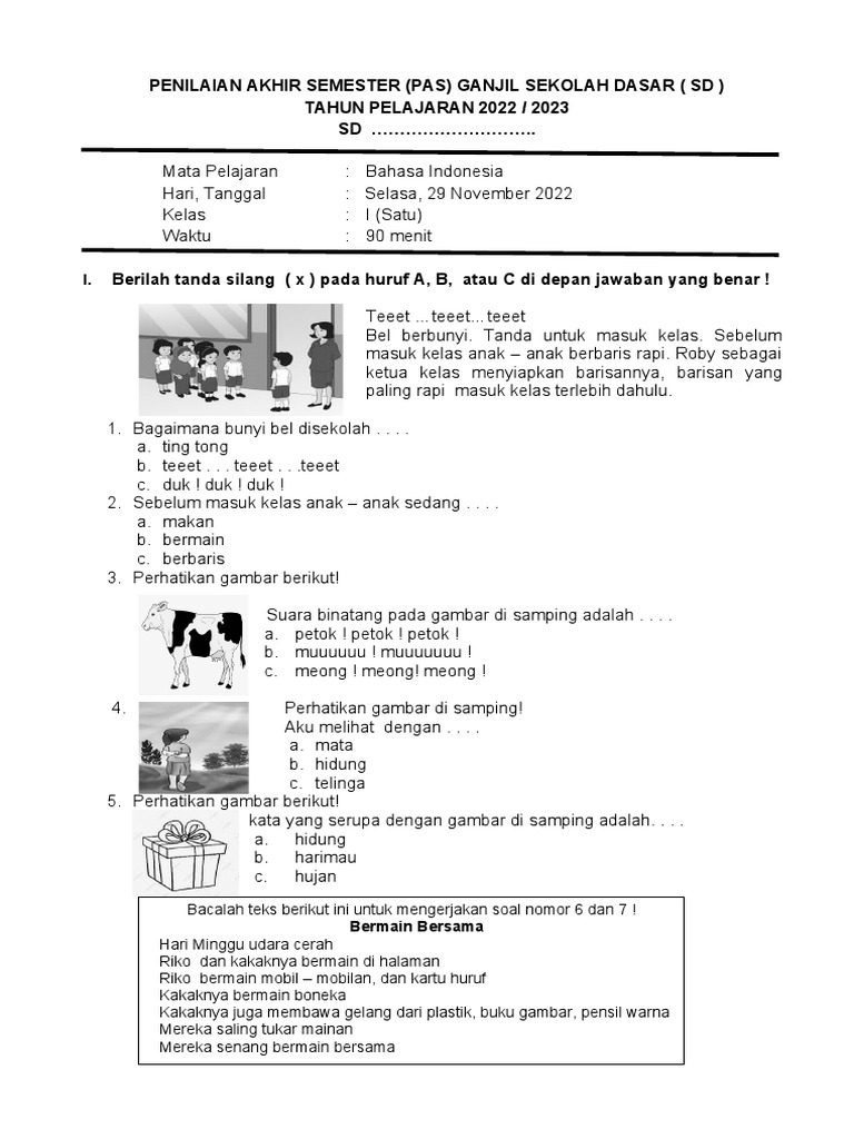 1 SOAL PAS - Bhs. Indonesia - Kls 1 | PDF