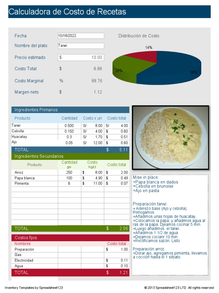 Planilla de Excel Calculadora de Costo de Recetas | PDF | Cocina de las Americas | Comida ...