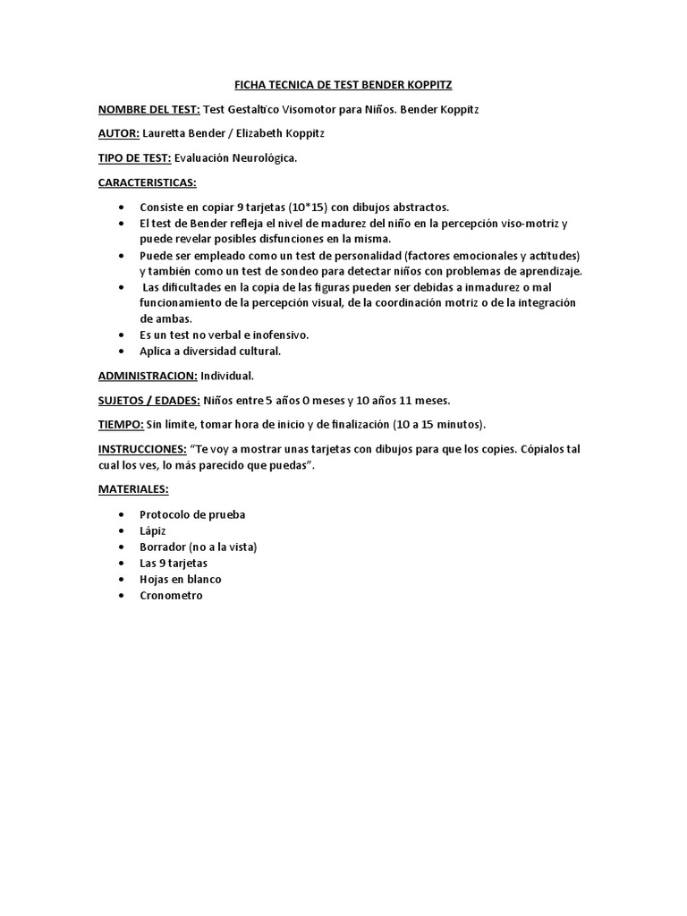 Ficha Técnica Test Bender Koppitz | PDF | Crecimiento personal y ...
