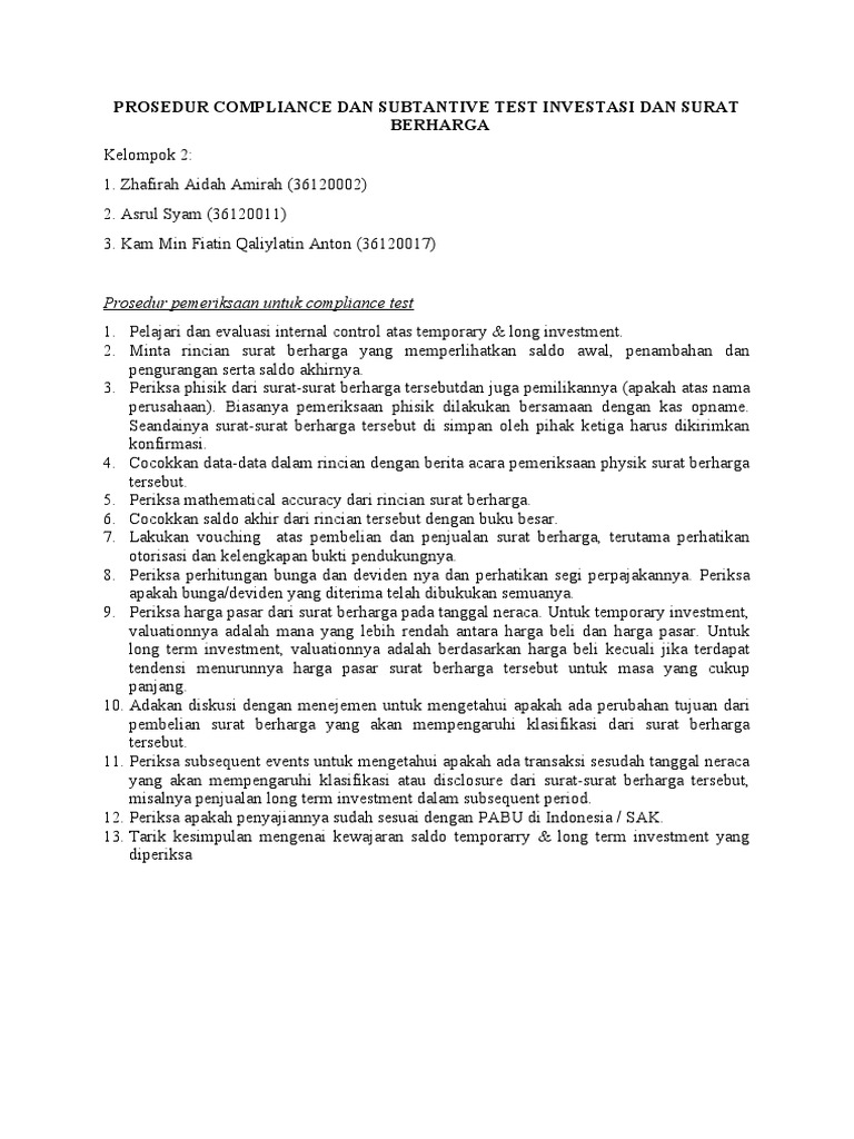 Prosedur Audit Investasi Atau Surat Berharga | PDF