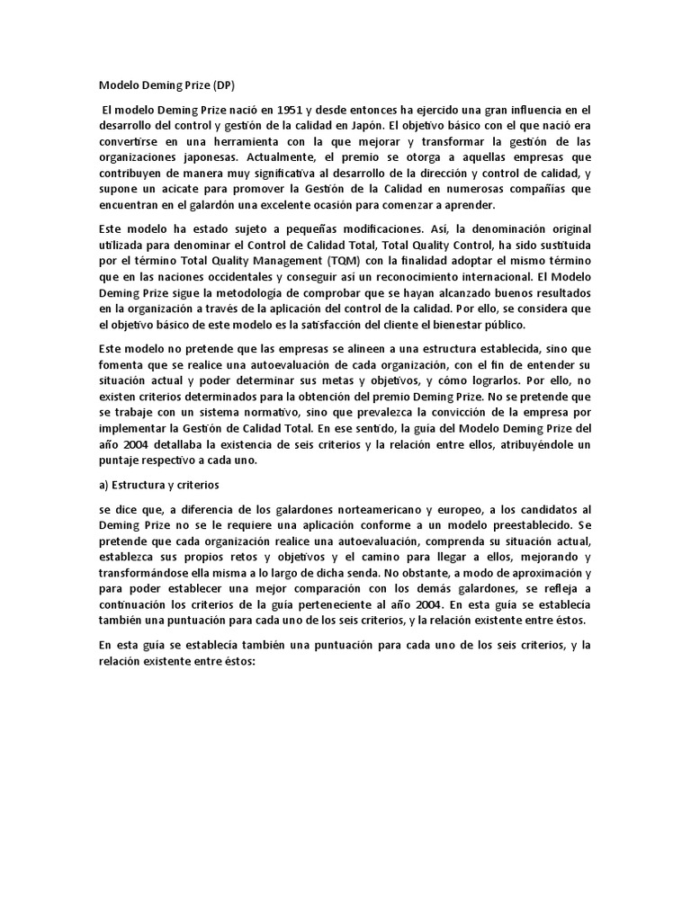 Modelo Deming Prize TQM 1 | PDF | Calidad (comercial) | Gestión de la ...