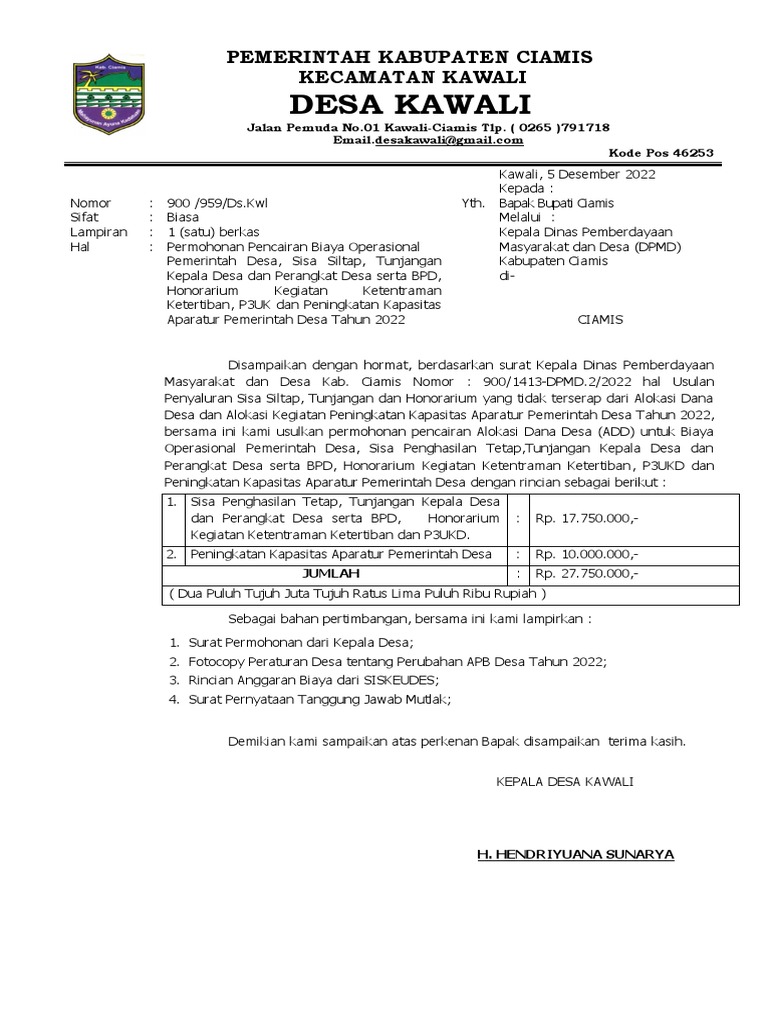 Surat Permohonan Kepala Desa Sisa Siltap | PDF