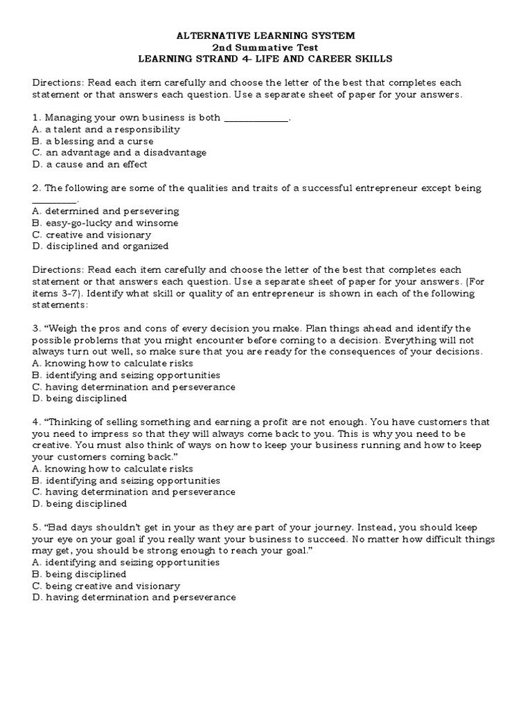 2ND Summative Test in LS4 | PDF | Entrepreneurship | Cognition