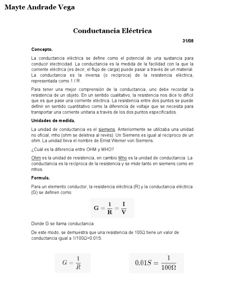 Concepto y unidades de medida de la conductancia eléctrica | PDF