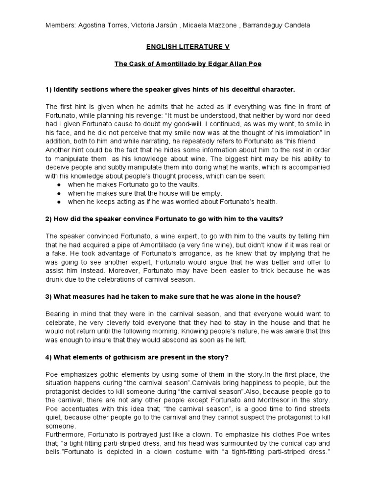 Analysis of The Cask of Amontillado by Edgar Allan Poe | PDF