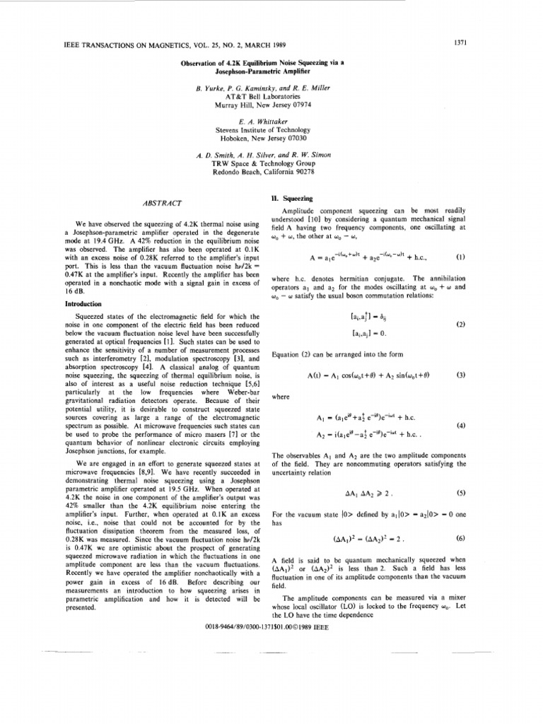 Observation of 4.2K Equilibrium Noise Squeezing Via A Josephson-Parametric Amplifier | PDF ...