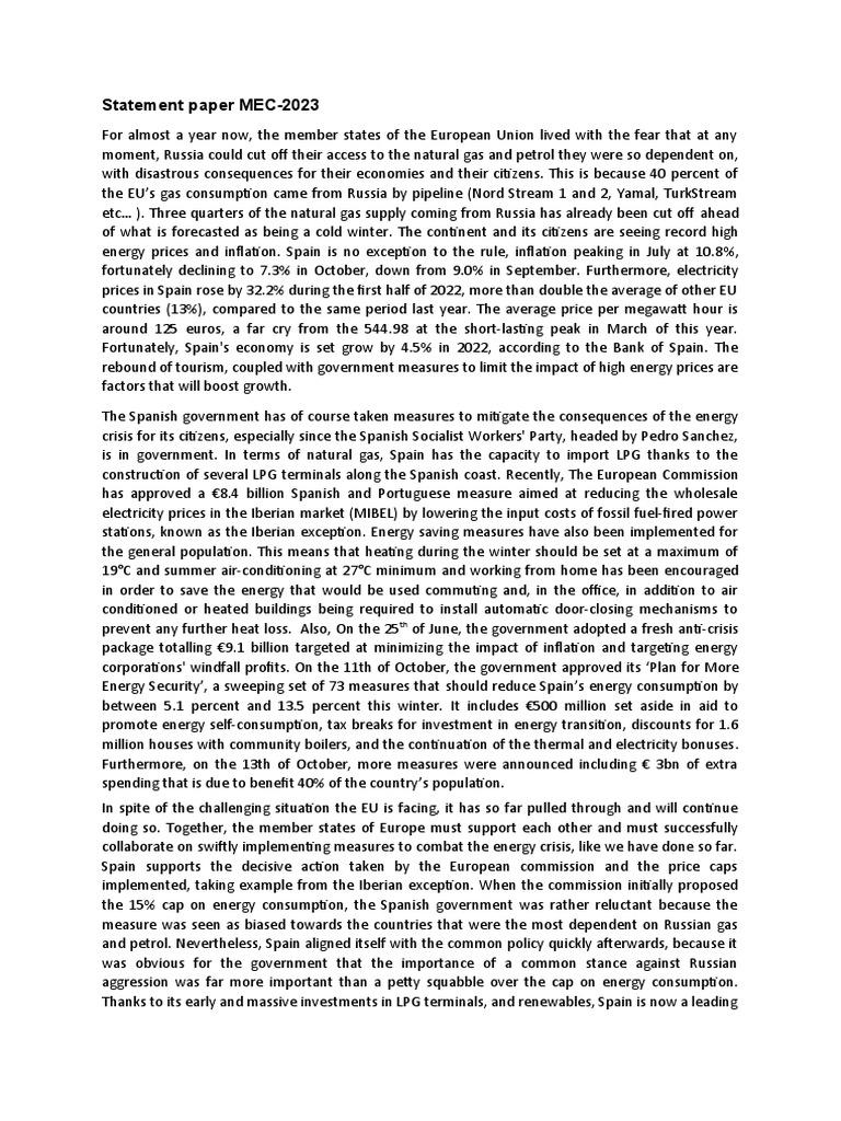 HURJUI Matei Statement Paper MEC | PDF | European Union | Natural Gas