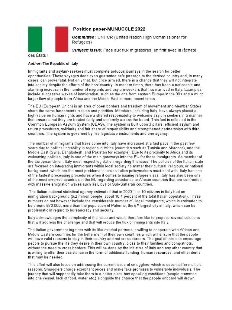 MUNUccle Position Paper - Italy | PDF | Refugee | Asylum Seeker