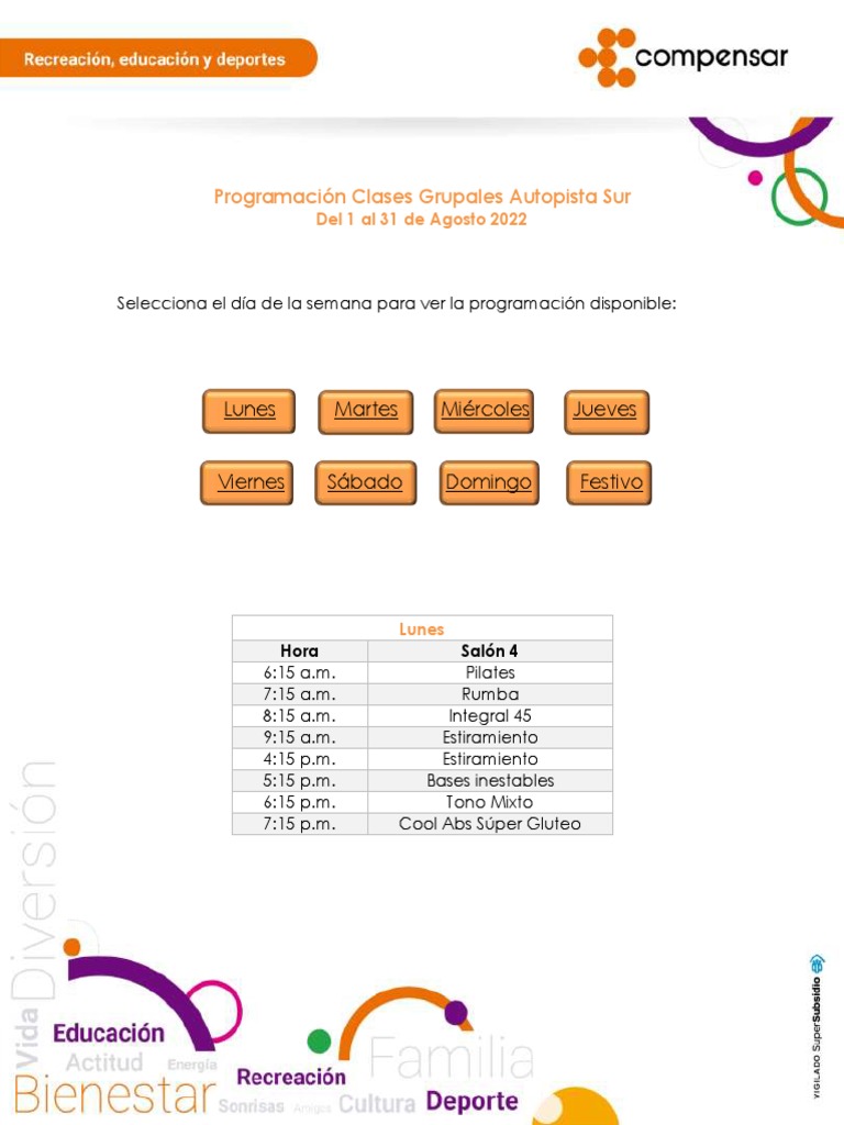 Programa de clases grupales de la Autopista Sur del 1 al 31 de agosto ...