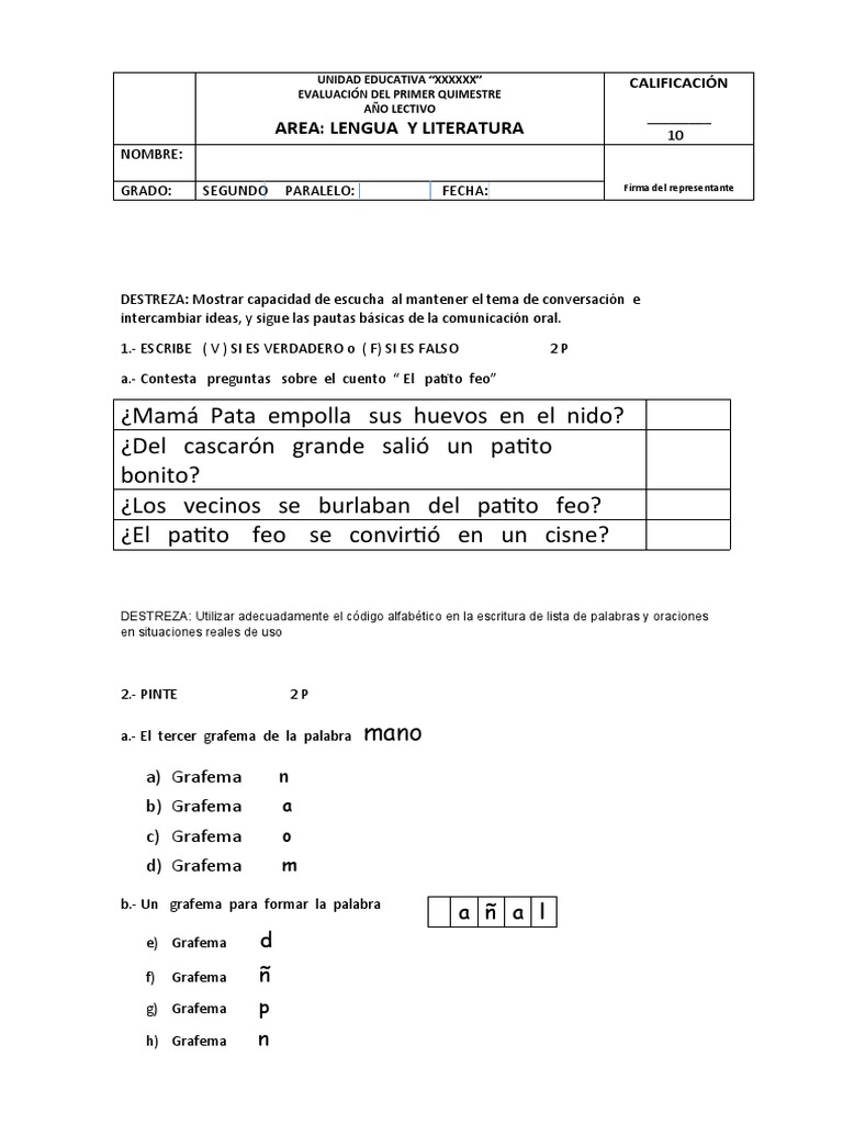 2do Egb LL Quimestral 1 | PDF | Escritura | Alfabeto