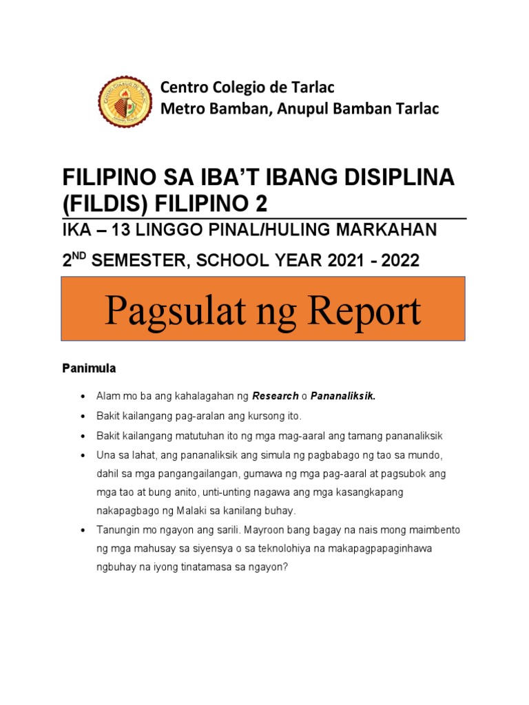 Week 13. Fil 2 Pagsulat NG Report | PDF