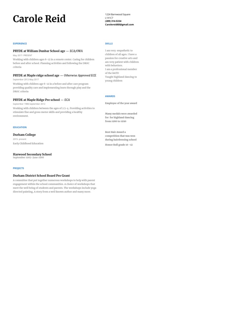 Resume Carole Reid | PDF | Human Life Stages | Childhood
