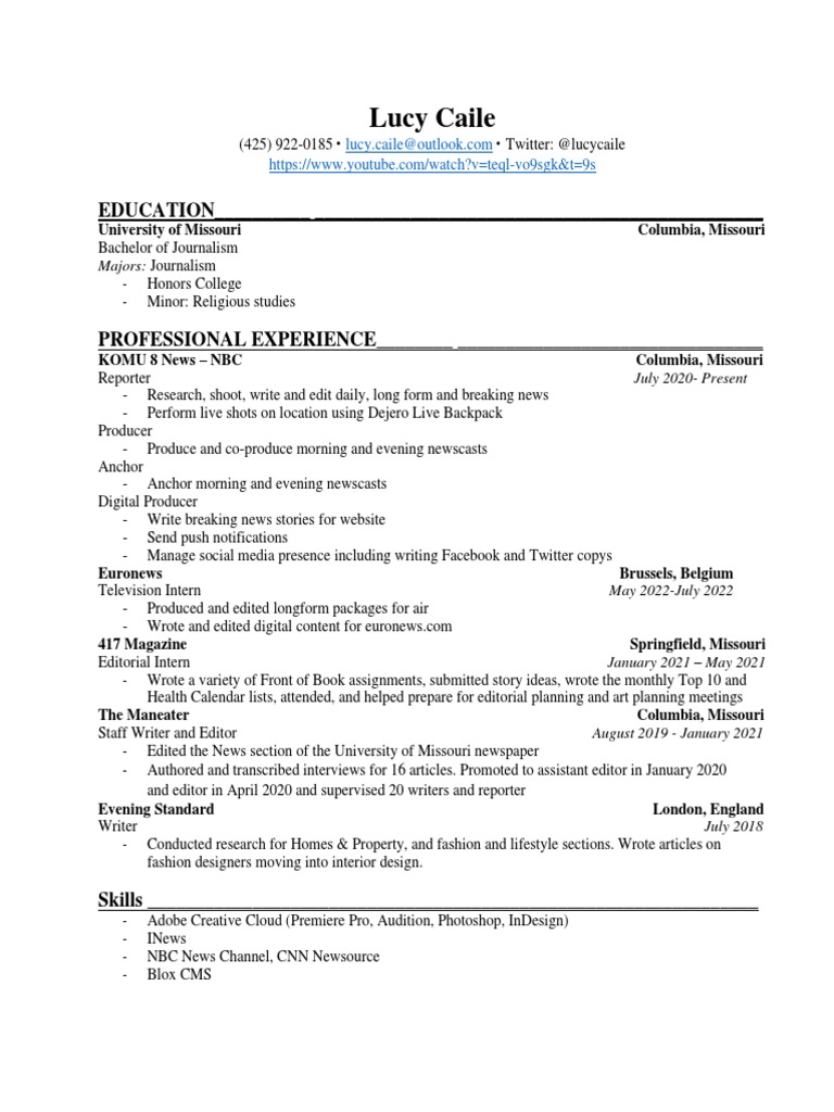 Lucy Caile Resume | PDF | Television | Public Sphere