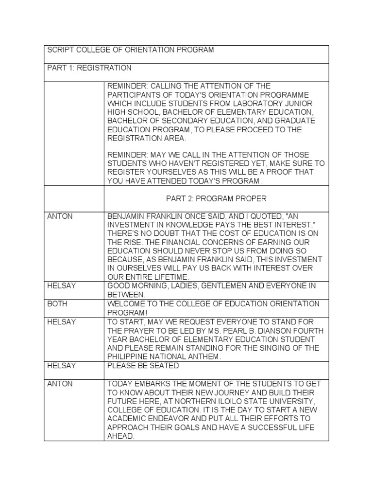 Script College of Orientation Program | PDF | Bachelor's Degree | Schools