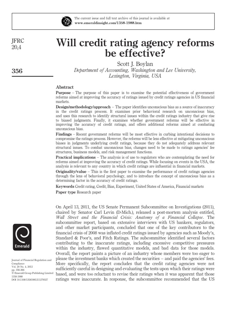 Will Credit Rating Agency Reforms Be Effective?: JFRC 20,4 | PDF ...