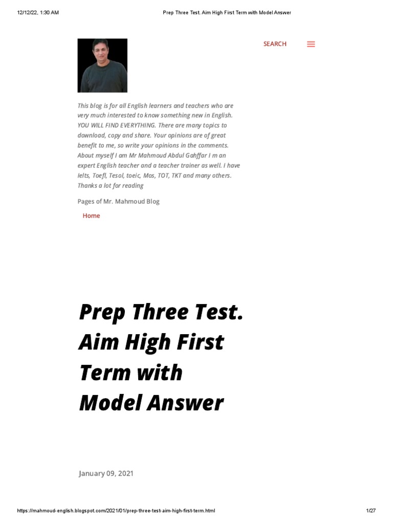 Prep Three Test. Aim High First Term With Model Answer | PDF | Teachers ...